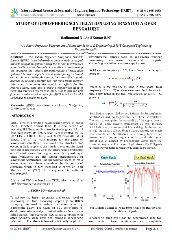 (PDF) STUDY OF IONOSPHERIC SCINTILLATION USING IRNSS DATA OVER BENGALURU
