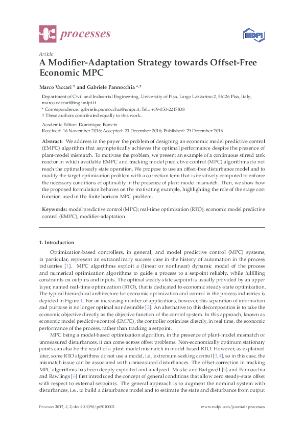 Pdf A Modifier Adaptation Strategy Towards Offset Free Economic Mpc