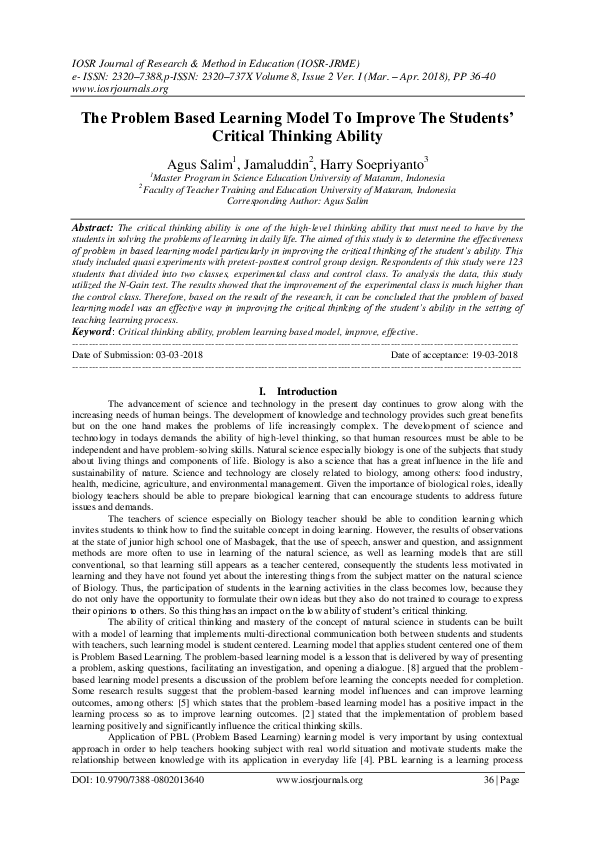 (PDF) The Problem Based Learning Model To Improve The Students ...