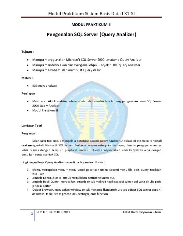 (PDF) Modul Praktikum Sistem Basis Data I S1-SI Pengenalan SQL Server ...