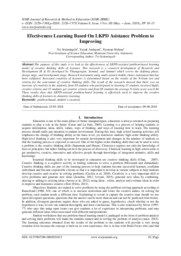 (PDF) Efectiveness Learning Based On LKPD Asistance Problem to Improving | IOSR Journals ...