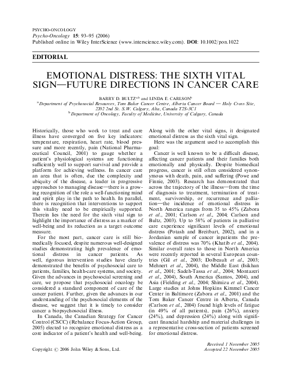 (PDF) Emotional distress: the sixth vital sign—future directions in ...