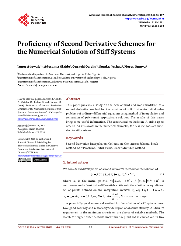 (PDF) Proficiency of Second Derivative Schemes for the Numerical Solution of Stiff Systems