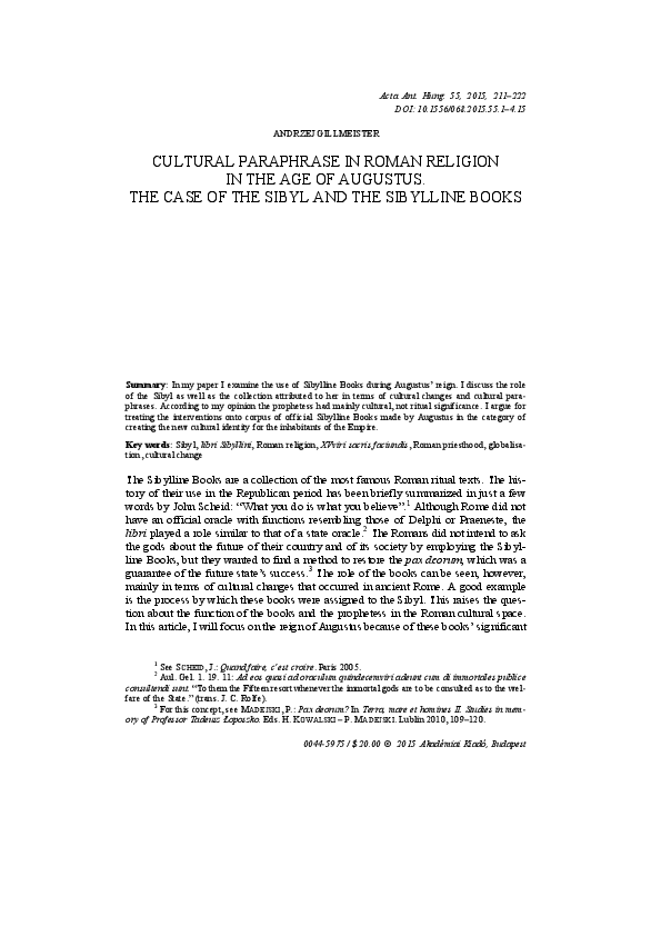 (PDF) CULTURAL PARAPHRASE IN ROMAN RELIGION IN THE AGE OF AUGUSTUS. THE ...