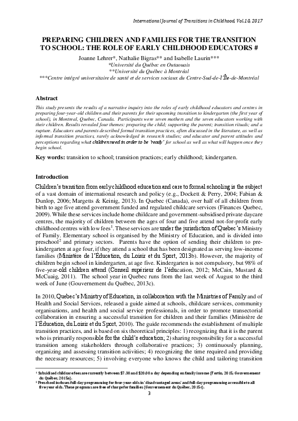 (PDF) Preparing children and families for the transition to school: The ...