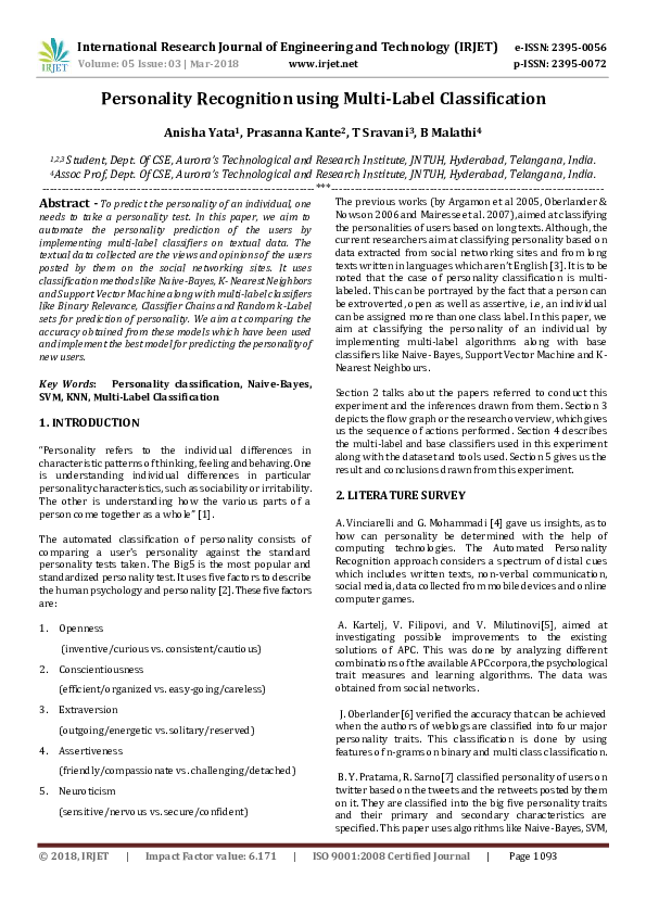 Pdf Personality Recognition Using Multi Label Classification Irjet Journal