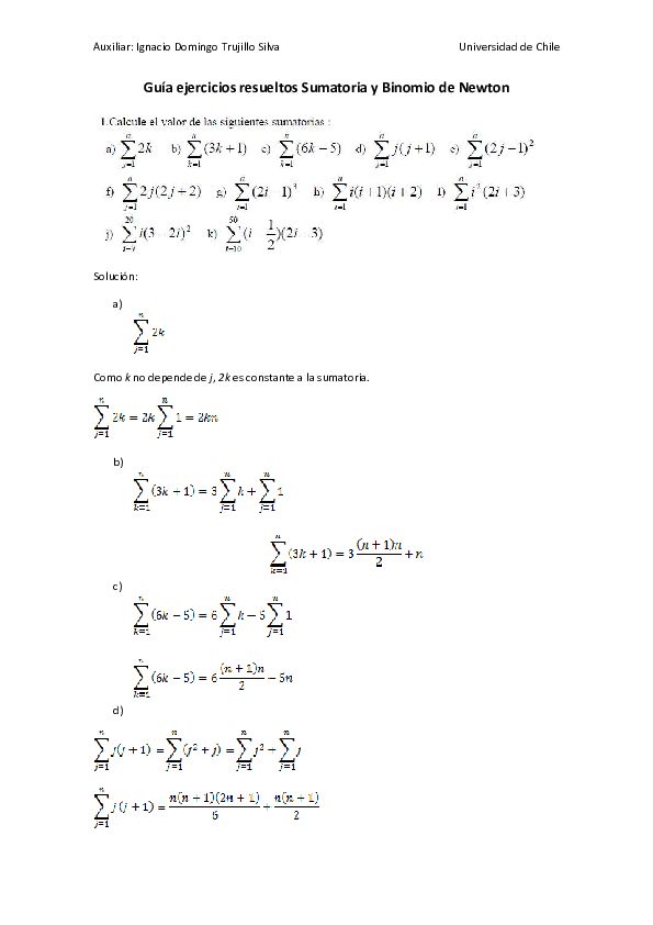 (PDF) Guía ejercicios resueltos Sumatoria y Binomio de Newton
