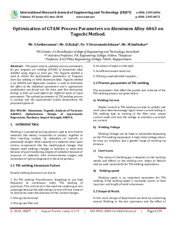 (PDF) Optimization of GTAW Process Parameters on Aluminum Alloy 6063 on Taguchi Method