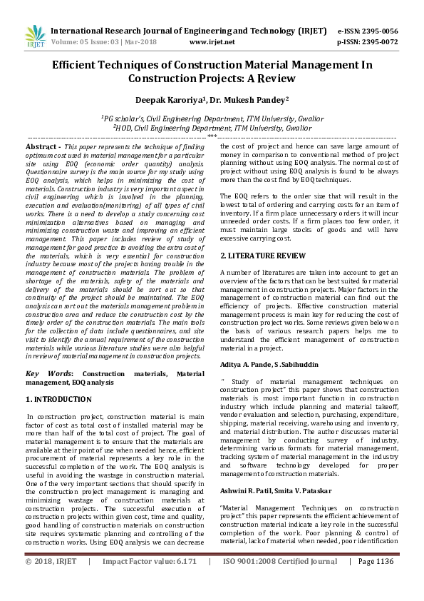 (PDF) Efficient Techniques of Construction Material Management In ...