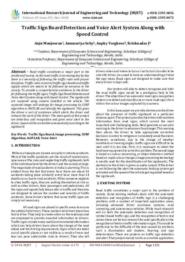 Pdf Traffic Sign Board Detection And Voice Alert System Along With Speed Control