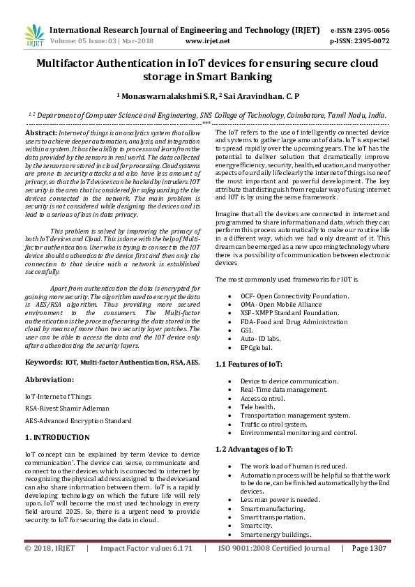 Pdf Multifactor Authentication In Iot Devices For Ensuring Secure Cloud Storage In Smart Banking