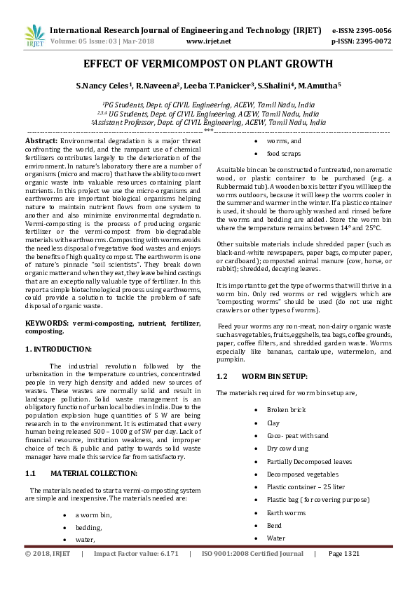 (PDF) EFFECT OF VERMICOMPOST ON PLANT GROWTH