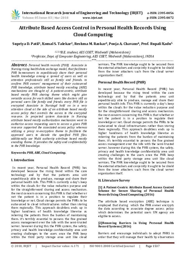 (PDF) Attribute Based Access Control in Personal Health Records Using Cloud Computing
