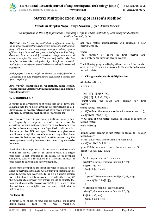 (PDF) Matrix Multiplication Using Strassen's Method