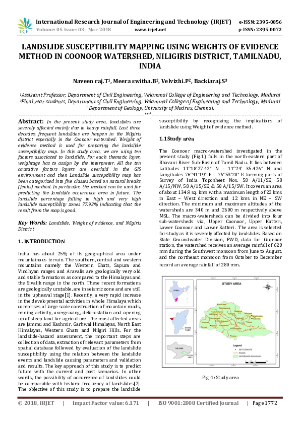 (PDF) LANDSLIDE SUSCEPTIBILITY MAPPING USING WEIGHTS OF EVIDENCE METHOD IN COONOOR WATERSHED ...