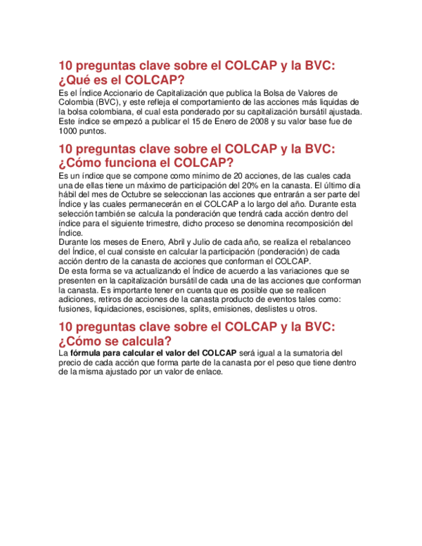 (DOC) 0 preguntas clave sobre el COLCAP y la BVC: ¿Qué es el COLCAP ...