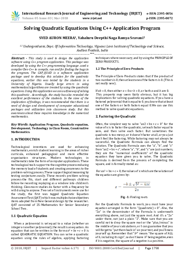 (PDF) Solving Quadratic Equations Using C++ Application Program