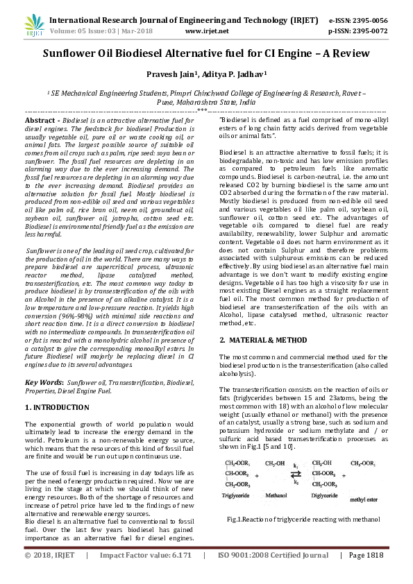 (PDF) Sunflower Oil Biodiesel Alternative fuel for CI Engine – A Review