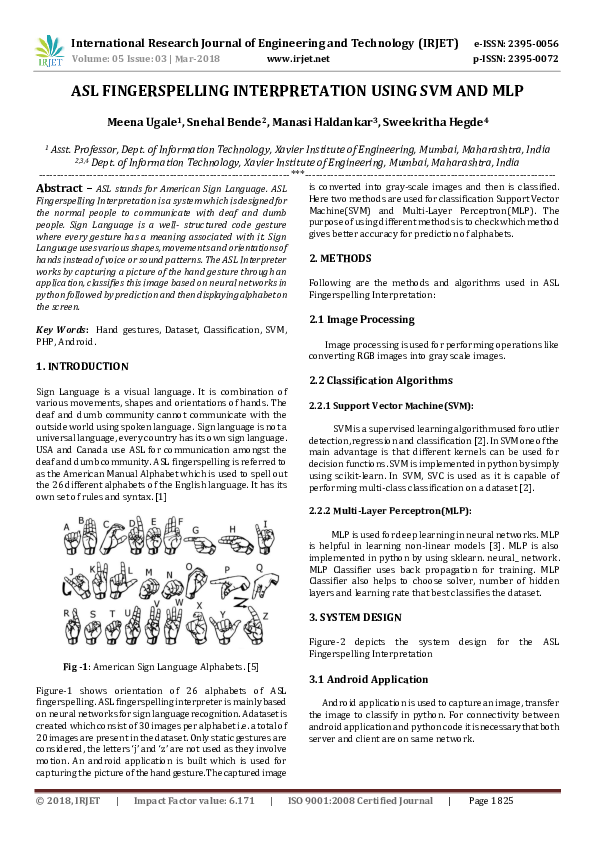 (PDF) ASL FINGERSPELLING INTERPRETATION USING SVM AND MLP