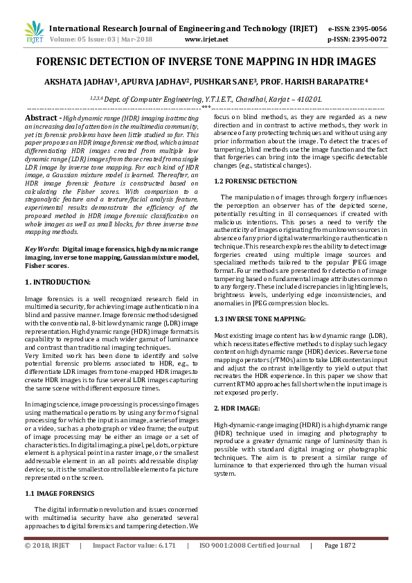 (PDF) FORENSIC DETECTION OF INVERSE TONE MAPPING IN HDR IMAGES