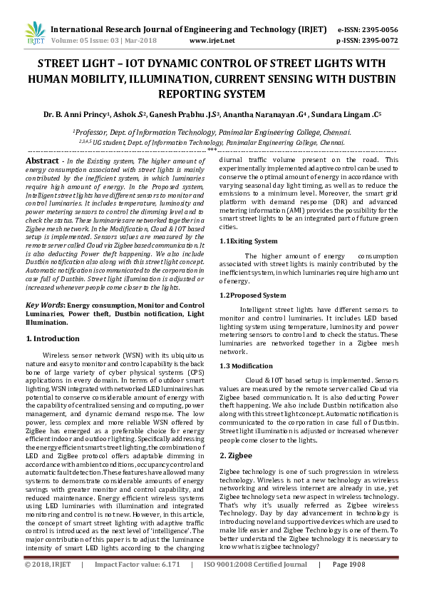 (PDF) STREET LIGHT – IOT DYNAMIC CONTROL OF STREET LIGHTS WITH HUMAN MOBILITY, ILLUMINATION ...