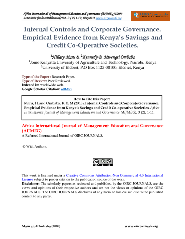 (PDF) Internal Controls and Corporate Governance. Empirical Evidence from Kenya's Savings and ...