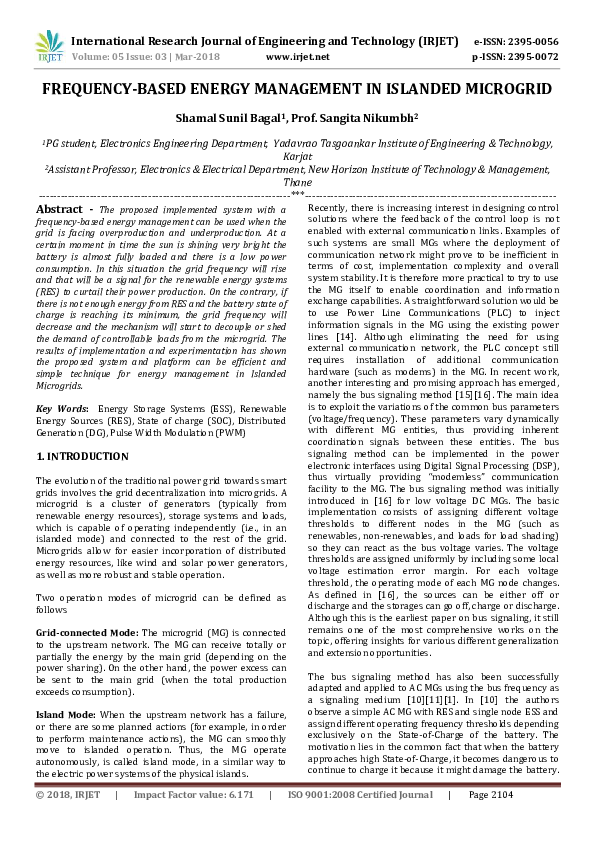 (PDF) FREQUENCY-BASED ENERGY MANAGEMENT IN ISLANDED MICROGRID | IRJET Journal - Academia.edu