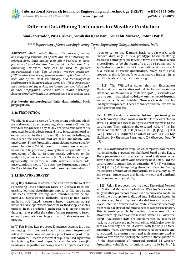 (PDF) Different Data Mining Techniques for Weather Prediction
