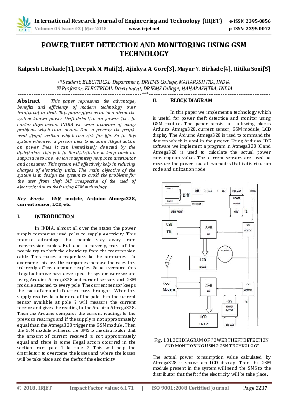 Pdf Power Theft Detection And Monitoring Using Gsm Technology