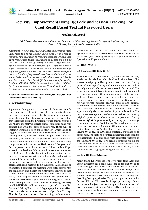 Pdf Security Empowerment Using Qr Code And Session Tracking For Cued Recall Based Textual