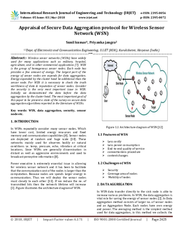 Pdf Appraisal Of Secure Data Aggregation Protocol For Wireless Sensor Network Wsn