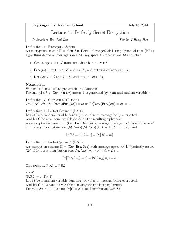 (PDF) Lecture 4 : Perfectly Secret Encryption