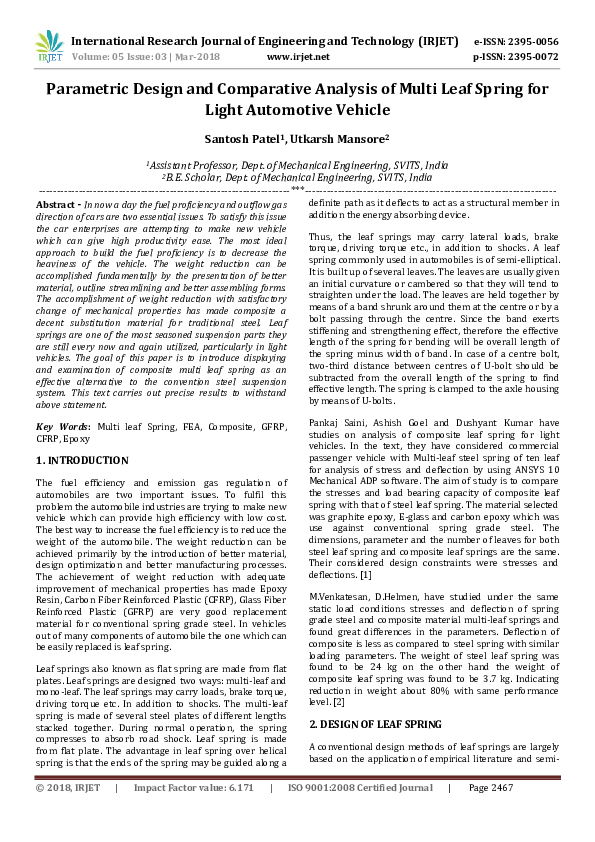 Pdf Parametric Design And Comparative Analysis Of Multi Leaf Spring For Light Automotive Vehicle