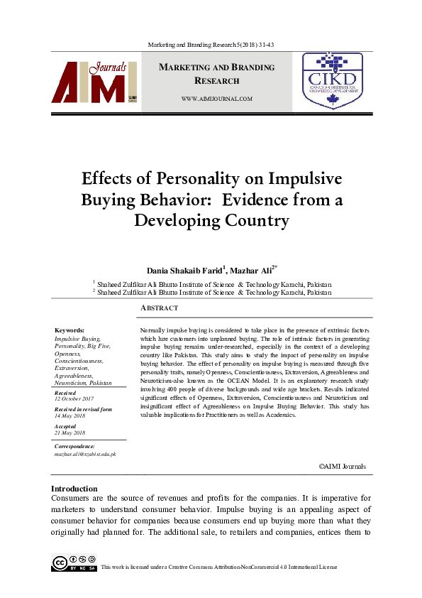 (PDF) Effects of Personality on Impulsive Buying Behavior: Evidence ...