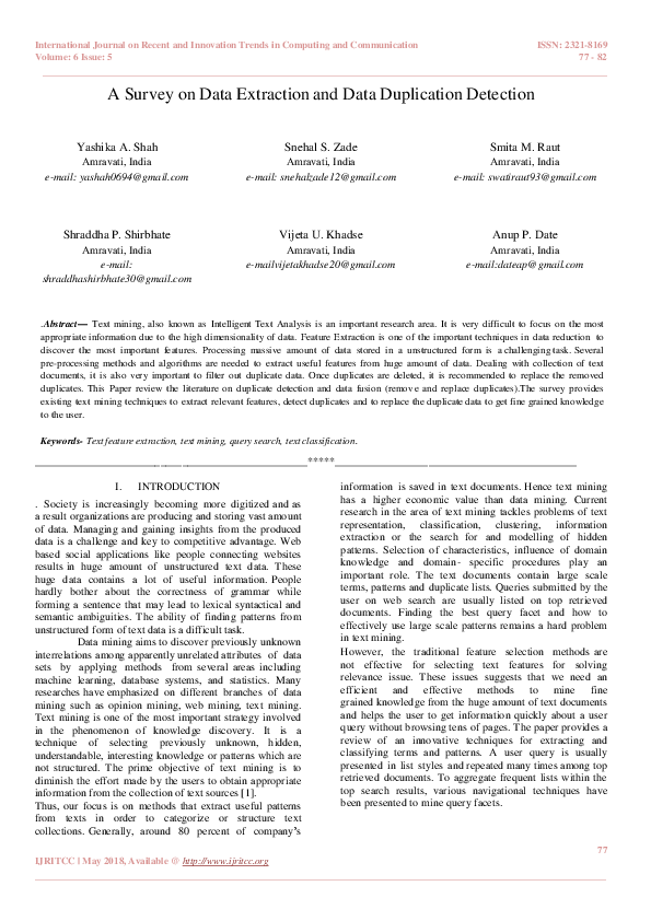 Pdf A Survey On Data Extraction And Data Duplication Detection