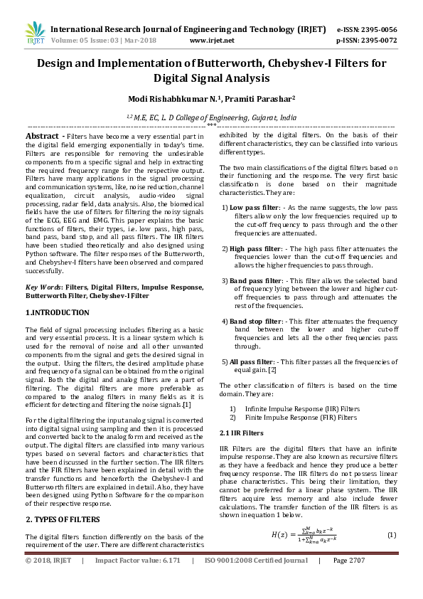 Pdf Design And Implementation Of Butterworth Chebyshev I Filters For