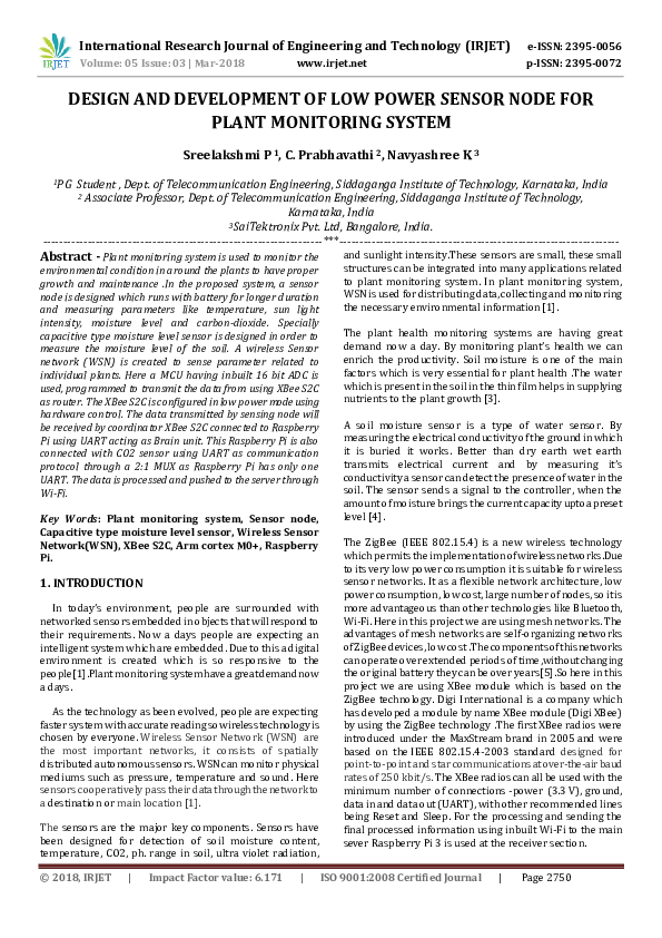 (PDF) DESIGN AND DEVELOPMENT OF LOW POWER SENSOR NODE FOR PLANT MONITORING SYSTEM