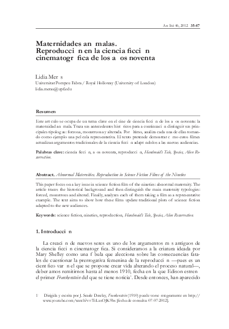 (PDF) Abnormal Maternities. Reproduction in Science Fiction Films of ...