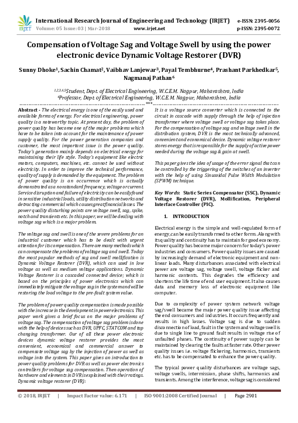 (PDF) Compensation of Voltage Sag and Voltage Swell by using the power electronic device Dynamic ...