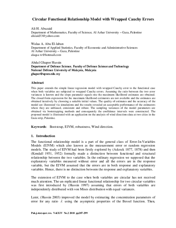 Pdf Circular Functional Relationship Model With Wrapped Cauchy Errors Ali H Abuzaid 