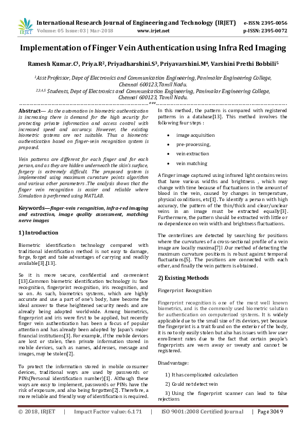 (PDF) Implementation of Finger Vein Authentication using Infra Red Imaging