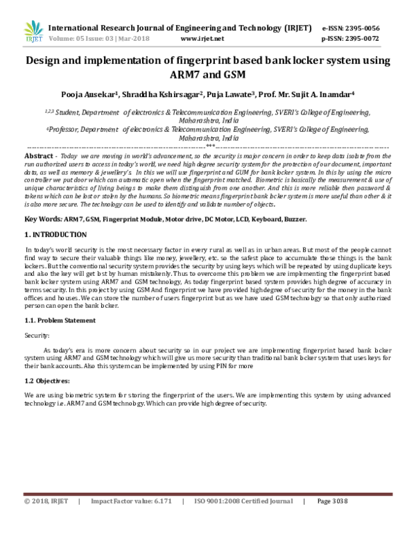 Pdf Design And Implementation Of Fingerprint Based Bank Locker System Using Arm7 And Gsm