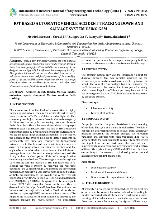 (PDF) IOT BASED AUTOMATIC VEHICLE ACCIDENT TRACKING DOWN AND SALVAGE SYSTEM USING GSM