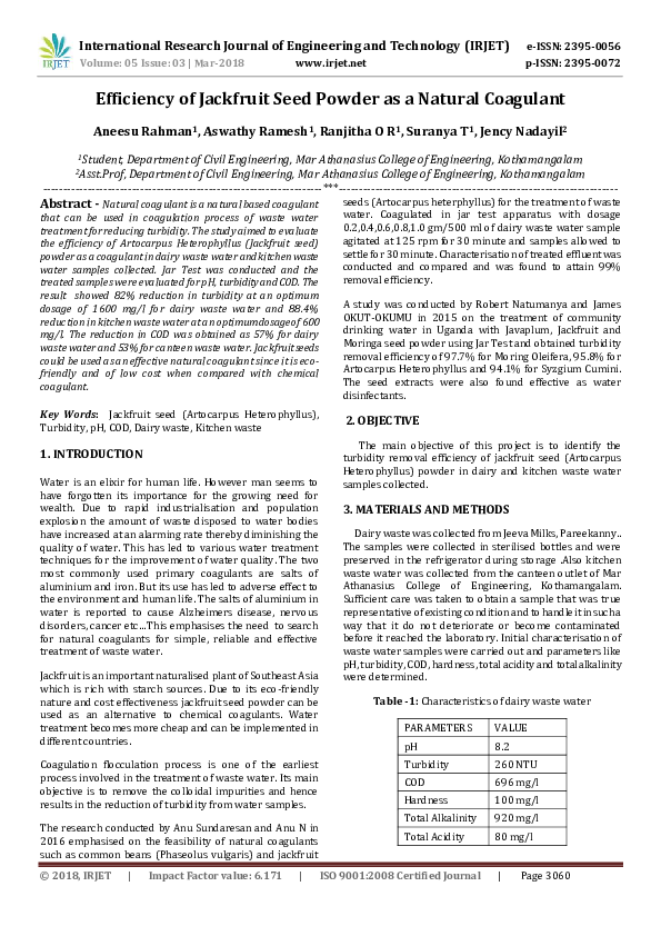 (PDF) Efficiency of Jackfruit Seed Powder as a Natural Coagulant