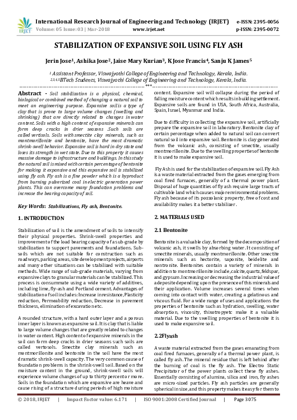 (PDF) STABILIZATION OF EXPANSIVE SOIL USING FLY ASH