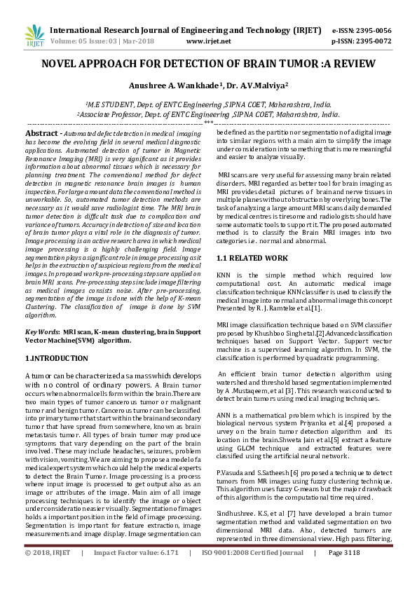 (PDF) NOVEL APPROACH FOR DETECTION OF BRAIN TUMOR :A REVIEW