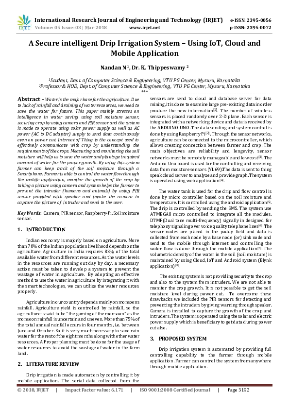 (PDF) A Secure intelligent Drip Irrigation System – Using IoT, Cloud and Mobile Application