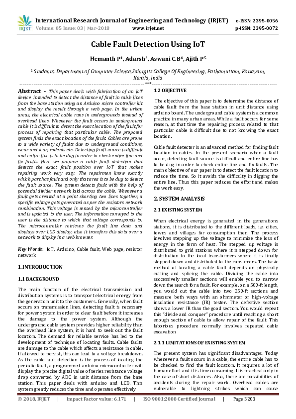 (PDF) Cable Fault Detection Using IoT
