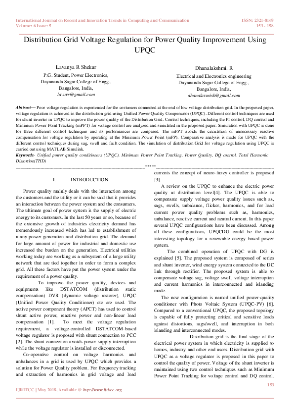 (PDF) Distribution Grid Voltage Regulation for Power Quality Improvement Using UPQC