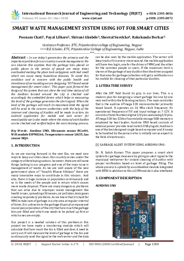 (PDF) SMART WASTE MANAGEMENT SYSTEM USING IOT FOR SMART CITIES